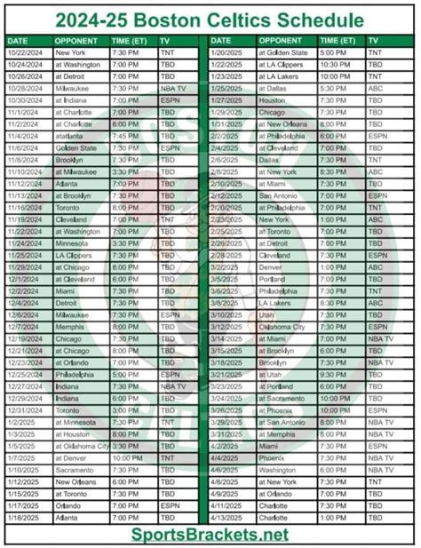 Printable 2024 25 Boston Celtics Schedule Tv Broadcasts And Matchups