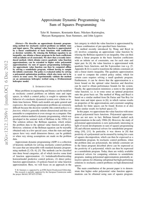 Pdf Approximate Dynamic Programming Via Sum Of Squares Programming