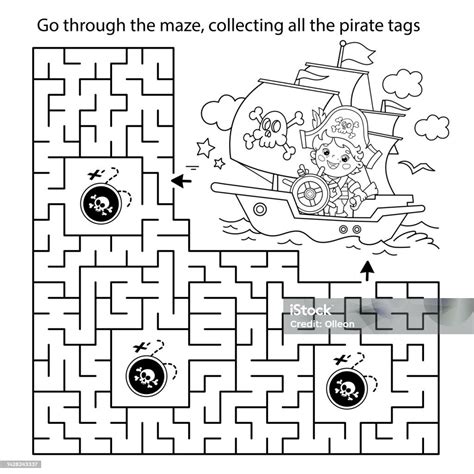 미로 또는 미로 게임 수수께끼 색칠 페이지 해적선의 만화 해적의 개요 또는 검은 돛이있는 범선 아이들을위한 색칠 공부 책 교육에 대한 스톡 벡터 아트 및 기타 이미지