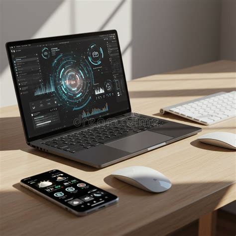 laptop displaying futuristic data visualizations with concentric