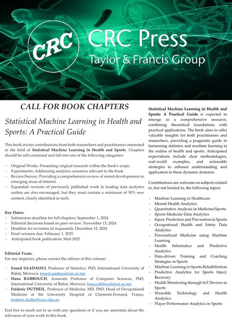 Pdf Call For Book Chapters Statistical Machine Learning In Health And Sports A Practical Guide