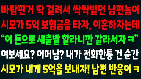 실화사연 바람핀거 걸려서 싹싹빌던 남편이 시모가 5억 보험금을 타자 이혼하자는데 이 돈으로 새출발 할란다ㅋ 여보세요 내 전화한통에 시모가 내게 5억을 보내자 남편