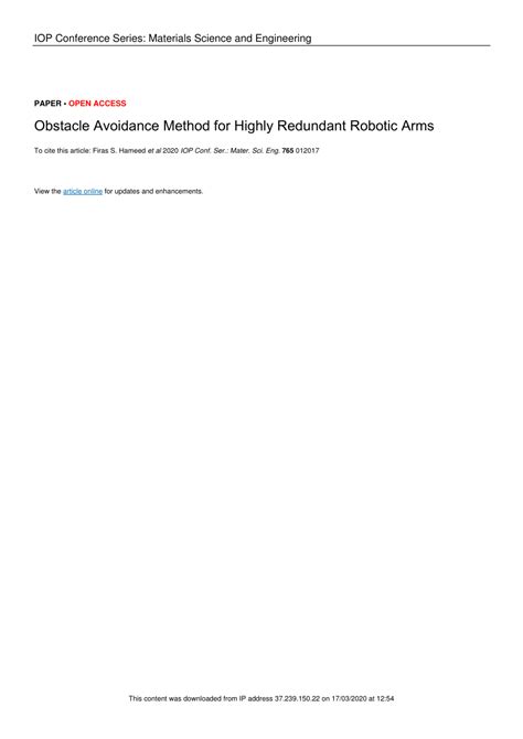 Pdf Obstacle Avoidance Method For Highly Redundant Robotic Arms