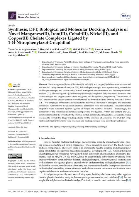Pdf Synthesis Dft Biological And Molecular Docking Analysis Of Novel Manganese Ii Iron Iii