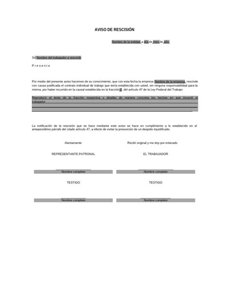 Aviso De Rescisión Laboral Justificada Pdf