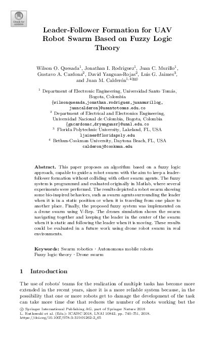 Pdf Leader Follower Formation For Uav Robot Swarm Based On Fuzzy Logic Theory