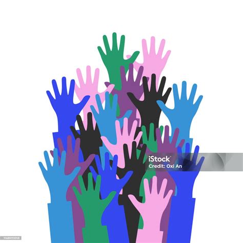 그룹은 인간의 팔과 손을 들었습니다 다양성 다민족 인종 평등 다른 문화와 민족의 남성과 여성 공존의 조화 다문화 커뮤니티 통합기쁨 자유 Commune
