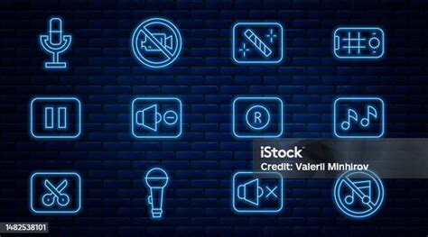 라인 스피커 음소거 음표 톤 사진 보정 일시 중지 버튼 마이크 녹음 및 금지 비디오 녹화 아이콘을 설정합니다 벡터 경계 표지에 대한 스톡 벡터 아트 및 기타 이미지 Istock