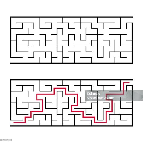 입력 및 출구가 있는 검은색 직사각형 미로 아이들을위한 흥미롭고 유용한 게임 흰색 배경에 격리 된 간단한 평면 벡터 그림입니다 대답과 함께 개념에 대한 스톡 벡터 아트 및