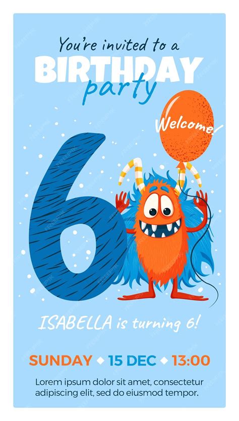 Premium Vector Sixth Birthday Party Invitation With Monster Number