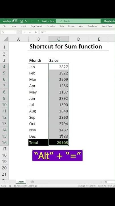 shorts shortvideo excel365 shortcut for sum function youtube