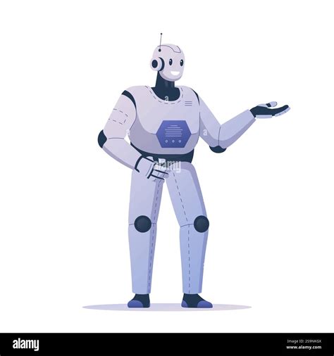 Vector Illustration Of A Modern Robot That Smiles And Demonstrates Something With Its Hand High