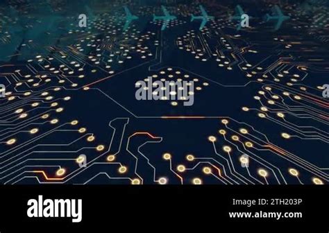 Digital Animation Of Multiple Airplane Icons Over Microprocessor Connections Against Blue