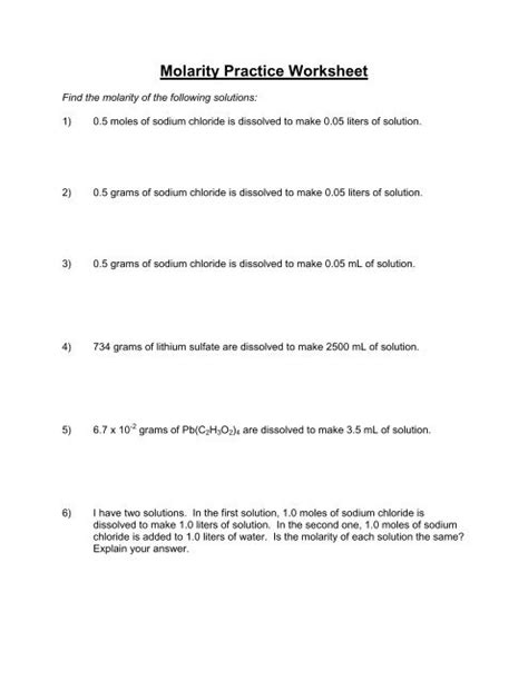 Dilution Molarity And Volume Calculations A Chemistry Worksheet Worksheets Library