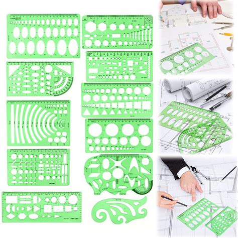 Gbayxj 11pcs Geometric Drawings Templates Drafting Stencils Measuring Tools Plastic Clear Green