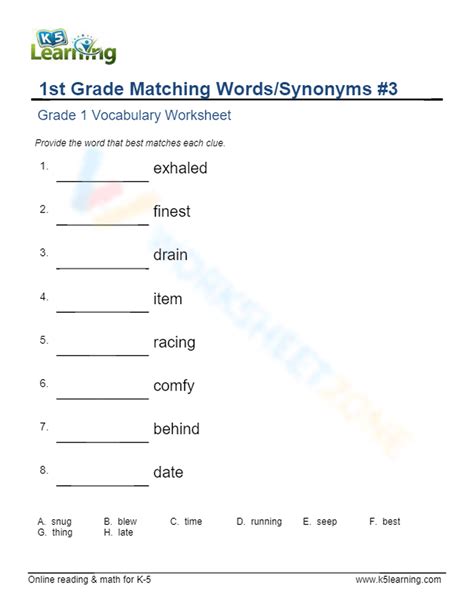 1st Grade Matching Wordssynonyms 3 Worksheet