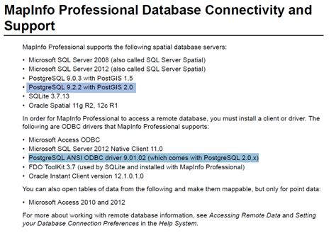 Postgresql Dynamic Connection Between Mapinfo And A Database Geographic Information Systems