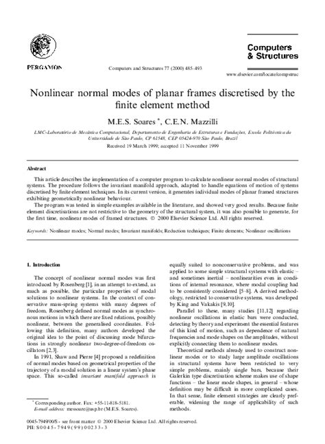 Pdf Nonlinear Normal Modes Of Planar Frames Discretised By The Finite Element Method