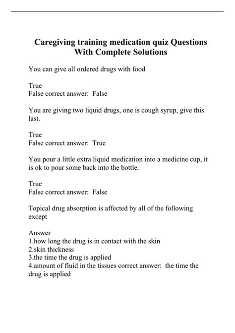 Caregiving Training Medication Quiz Questions With Complete Solutions Caregiver Certification