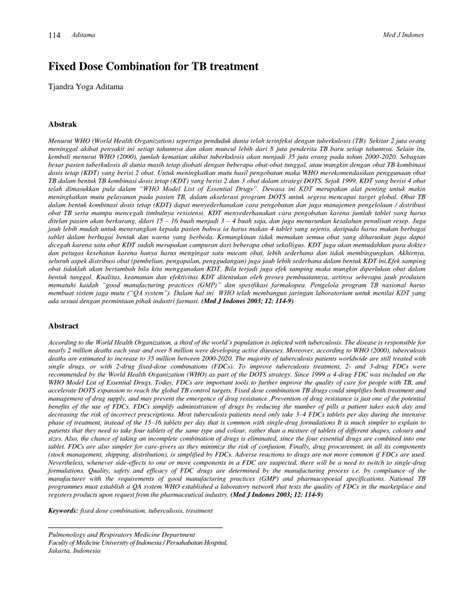 Pdf Fixed Dose Combination For Tb Treatment