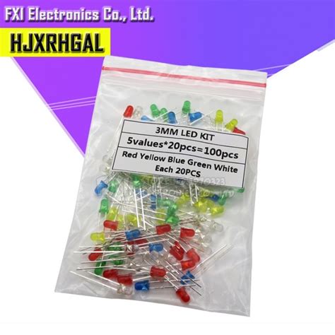 100pcs 3mm Led Diode Light Assorted Kit 5colors20pcs F3 White Yellow