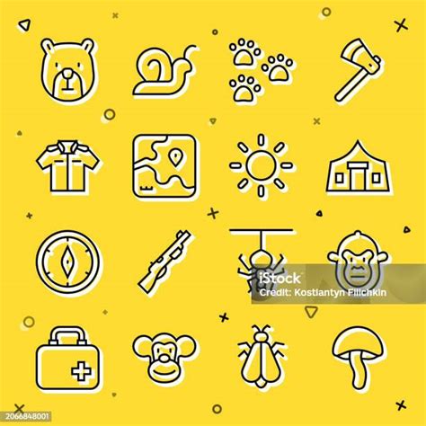 세트 라인 버섯 원숭이 관광 텐트 발 자국 아프리카 사파리지도 셔츠 곰 머리 및 태양 아이콘 벡터 T 셔츠에 대한 스톡 벡터