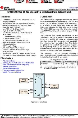 TMUXHS221NKGT Datasheet Texas Instruments TMUXHS221 2 1 1 2 Multiplexer Demultiplexer