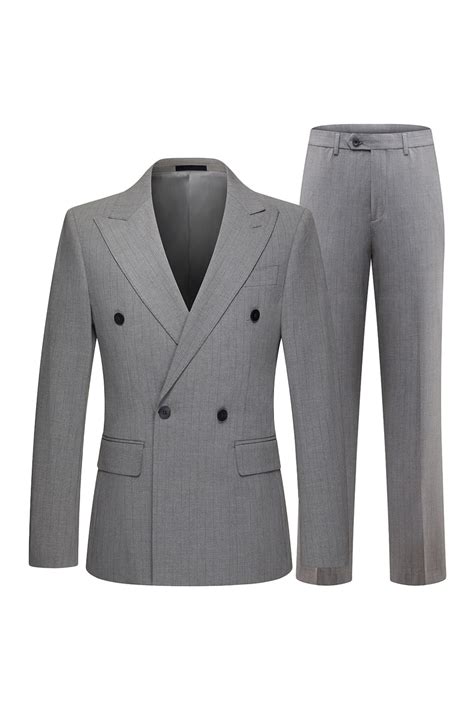 Zapaka Mens Suits Grey Striped Peak Lapel 2 Piece Formal Suits