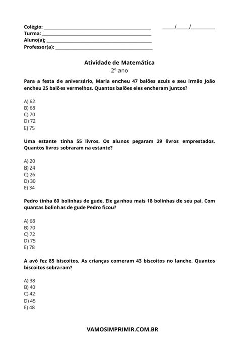 29 Atividades Para O 2º Ano De Matemática Para Imprimir Vamos Imprimir