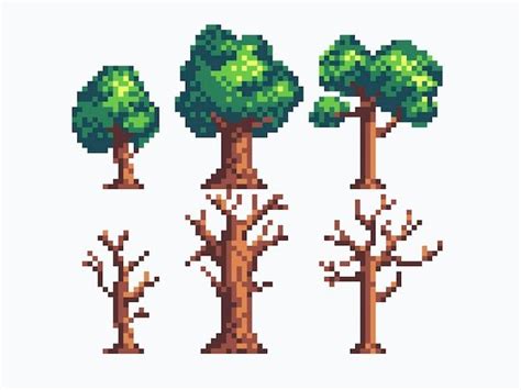 Four Pixelated Trees With Green Leaves And Brown Branches