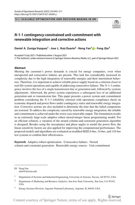 N 1 1 Contingency Constrained Unit Commitment With Renewable Integration And Corrective Actions