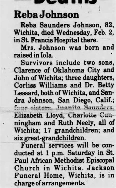 Obituary Mother Reba Johnson In The Iola Register Kansas 1983