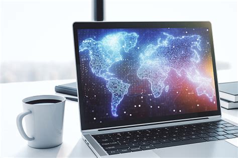 현대 노트북 모니터 관광 및 여행 개념에 추상적 인 창조적 인 디지털 세계지도 3d 렌더링 0명에 대한 스톡 사진 및 기타 이미지 Istock