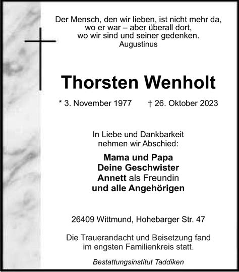 Traueranzeigen Von Thorsten Wenholt Nordwest Trauer De