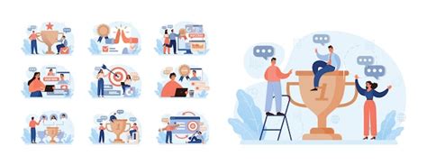 전체 승리 세트 팀워크 또는 친구를 축하하는 사람들의 그룹 프리미엄 벡터