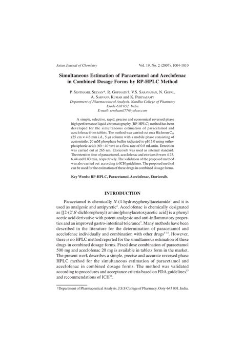 Pdf Simultaneous Estimation Of Paracetamol And Aceclofenac In Combined Dosage Forms By Rp Hplc
