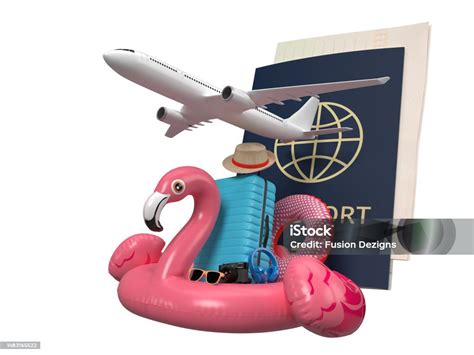 여름과 여행 개념 비행 비행기 여행 관광 비행기 여행 계획 세계 여행 플라밍고 풍선 및 휴가를위한 여름의 다른 액세서리 요소