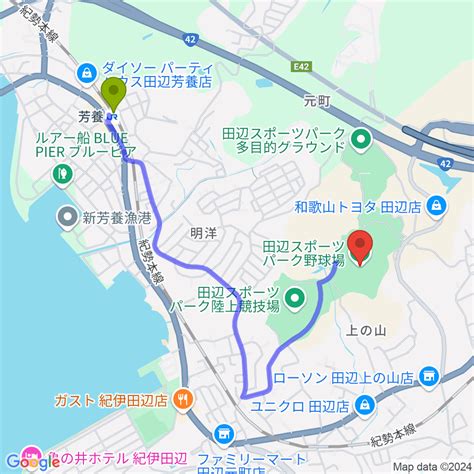 田辺スポーツパーク野球場の最寄駅芳養駅からの徒歩ルート約19分 MDATA