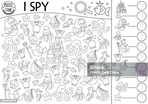 인어 흑인과 백인 나는 아이들을 위한 스파이 게임 검색 인어 궁전 배 문어와 함께 라인 활동을 계산합니다 바다 왕국 인쇄 가능한