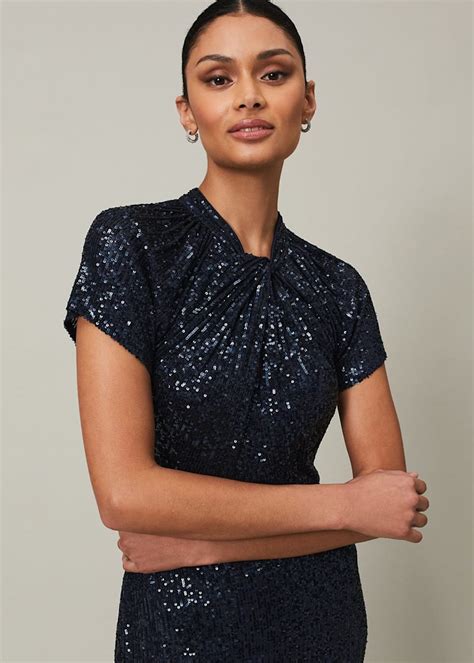 Navy Blue Ombre Sequin Maxi Dress Twisted Neckline Phase Eight