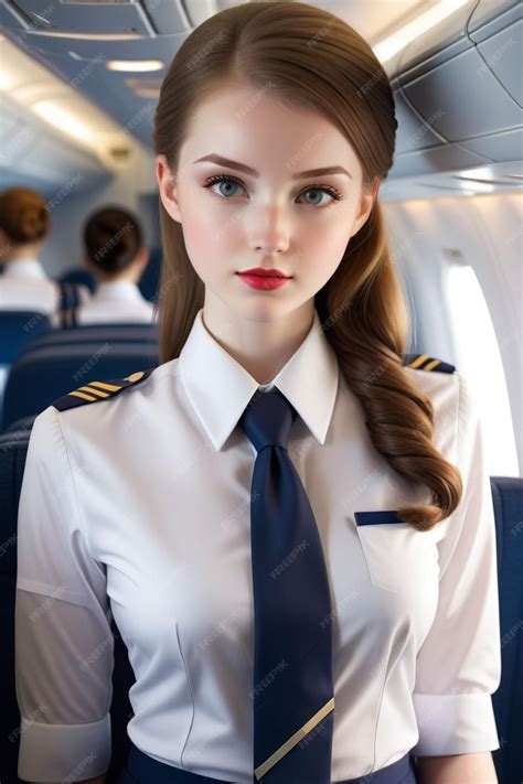 A Beautiful Woman In Flight Attendant Uniform With Shirt And Tie Is