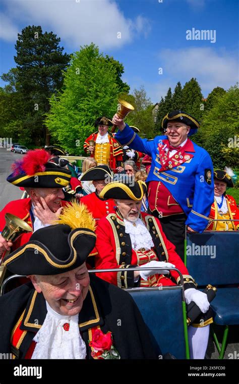 Town Criers Smile Bellmen And Bellwomen In Colourful Braided Criers Livery Uniforms Sitting On