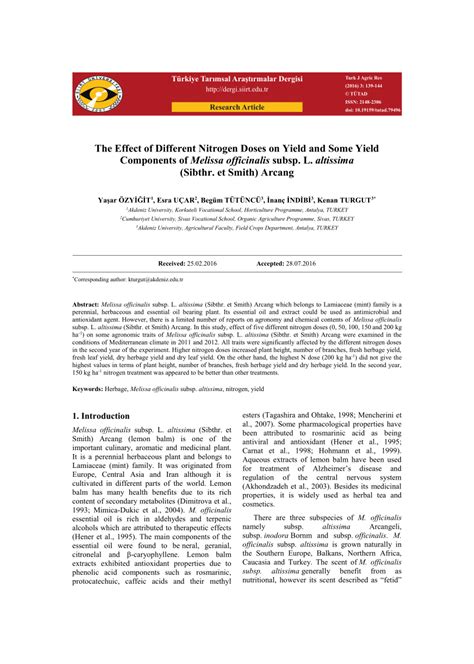 Pdf The Effect Of Different Nitrogen Doses On Yield And Some Yield Components Of Melissa