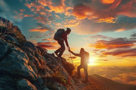 Hiker Offering Helping Hand To Friend Outdoors At Sunset Support And
