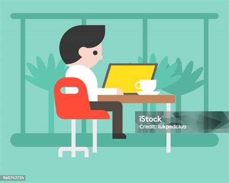 작업 영역 개념 평면 디자인 커피숍에서 노트북으로 작업 하는 사업가 노트북에 대한 스톡 벡터 아트 및 기타 이미지 노트북
