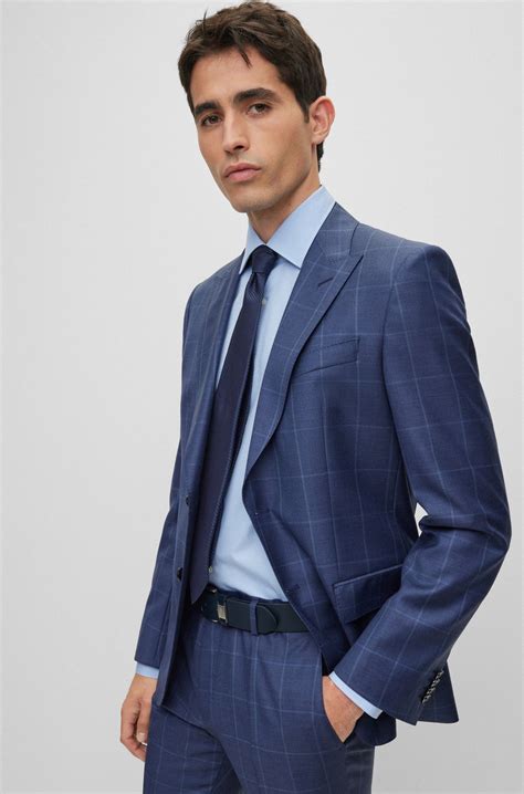 Boss Slim Fit Two Piece Suit In Checked Virgin Wool Dark Blue