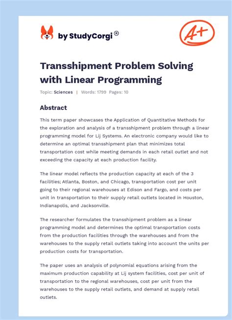 transshipment problem solving with linear programming free essay example