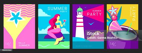 여름 속성을 가진 복고풍 여름 포스터 세트입니다 칵테일 실루엣 피나 콜라다 인어 등대 바다 벡터 일러스트 레이 션 나이트클럽에 대한 스톡 벡터 아트 및 기타 이미지 Istock