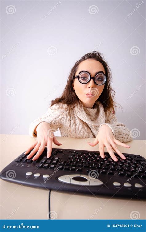 Funny Nerd Girl Working On Computer Stock Photo Image Of Information Goofy 153792604