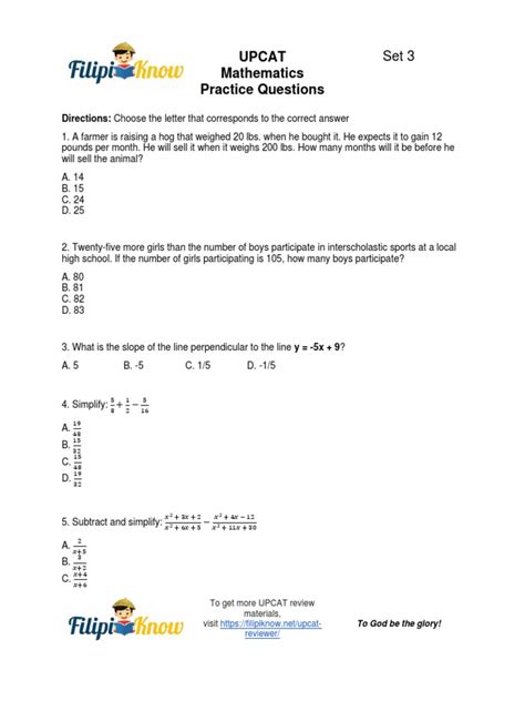 Upcat Mathematics Practice Questions Set 3 Pdf Algebra Ratio